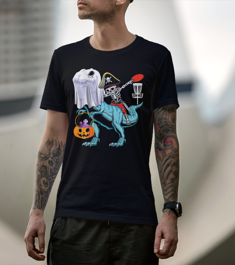 Dab Jolly Roger Skeleton Pirate On Dinosaur With Ghost Pumpkin And Frisbee T-Shirt