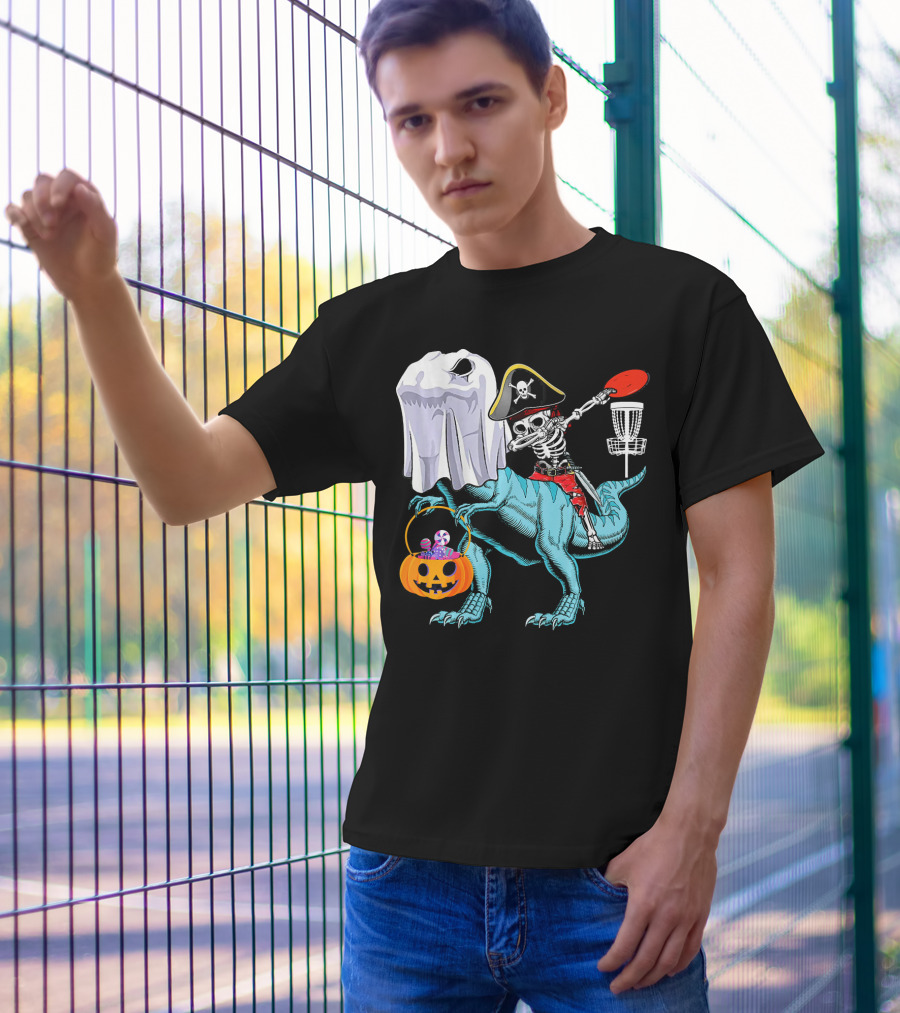 Dab Jolly Roger Skeleton Pirate On Dinosaur With Ghost Pumpkin And Frisbee T-Shirt