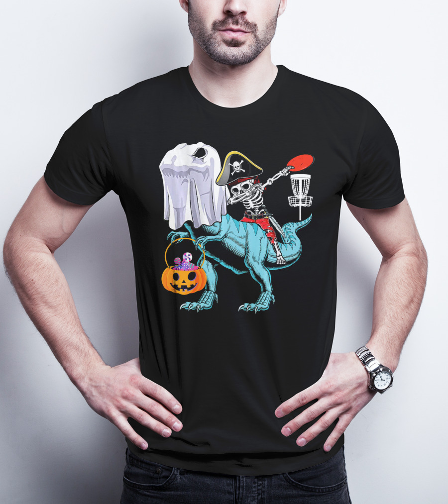 Dab Jolly Roger Skeleton Pirate On Dinosaur With Ghost Pumpkin And Frisbee T-Shirt