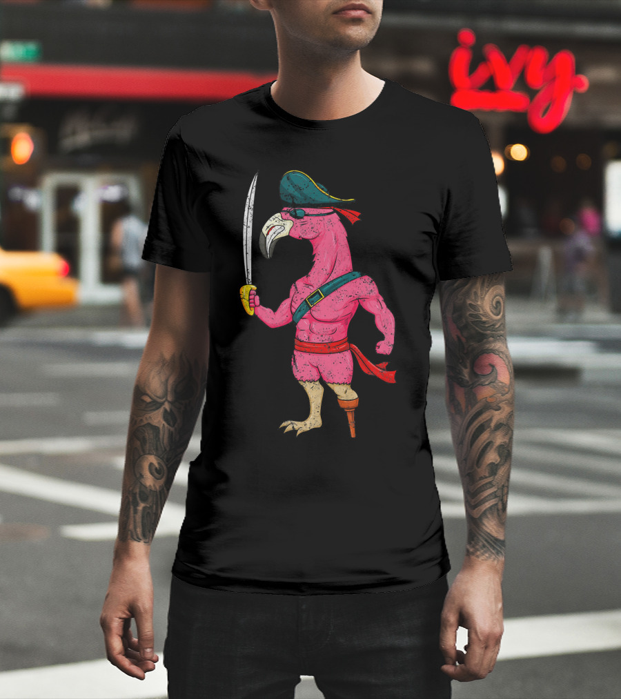 Vintage Pirate Pink Flamingo With Pirate Hat And Wooden Leg Sword T-Shirt