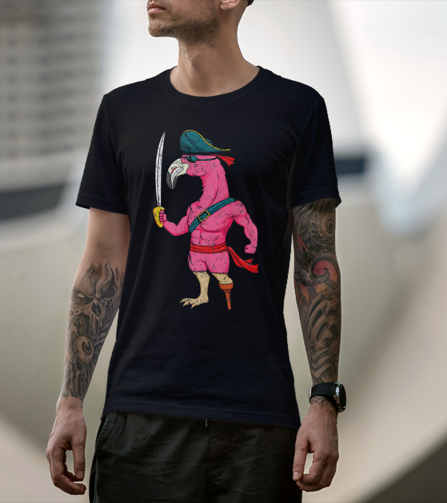 Vintage Pirate Pink Flamingo With Pirate Hat And Wooden Leg Sword T-Shirt