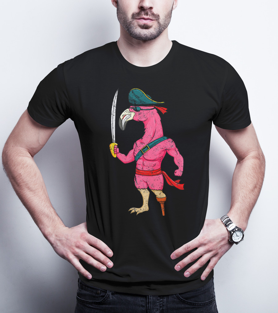 Vintage Pirate Pink Flamingo With Pirate Hat And Wooden Leg Sword T-Shirt