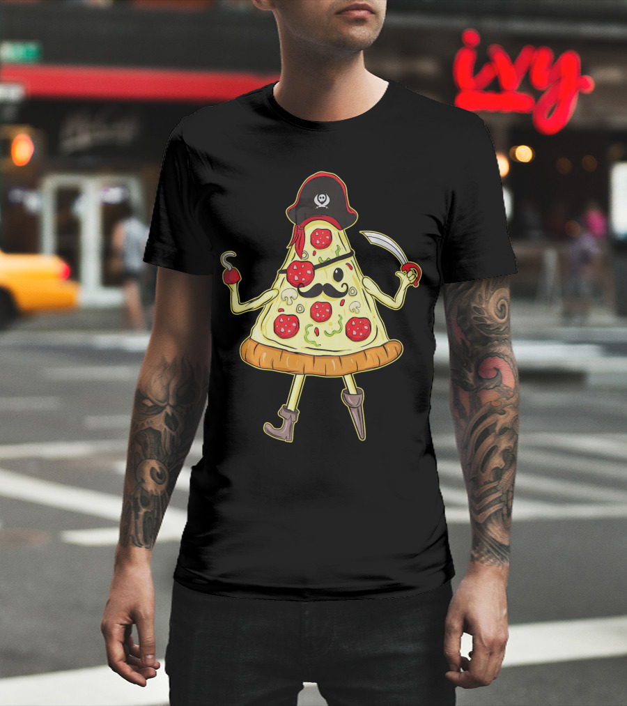 Funny Mustache Pirate Pizza Slice With Hook And Sword T-Shirt