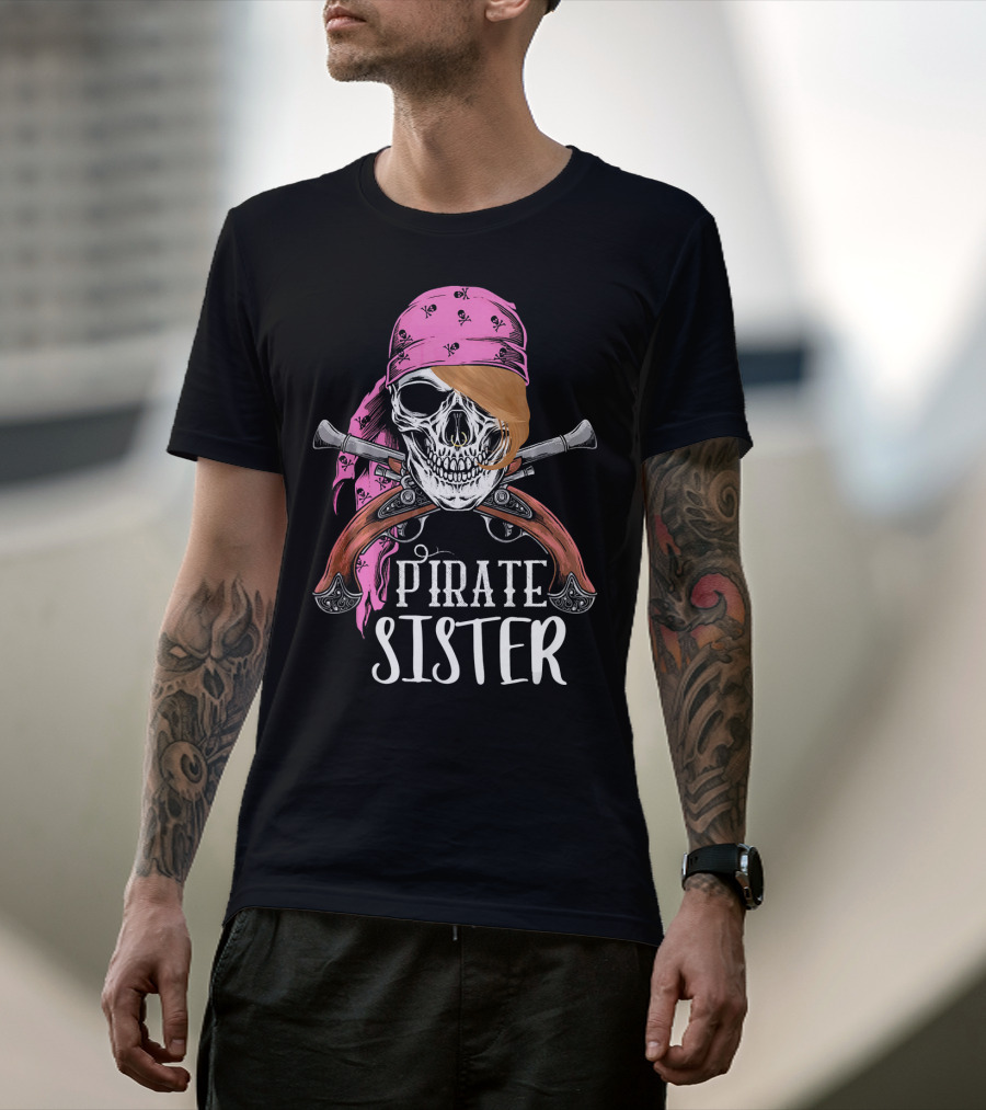 Pirate Sister Skull With Pink Bandana And Crossed Pistols T-Shirt