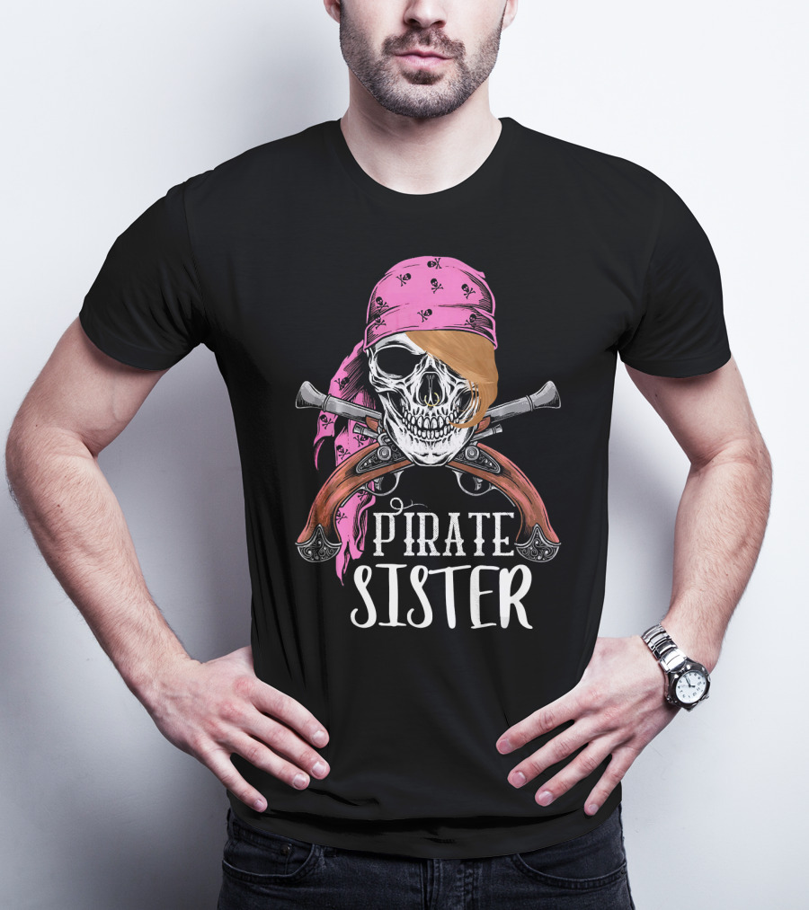 Pirate Sister Skull With Pink Bandana And Crossed Pistols T-Shirt
