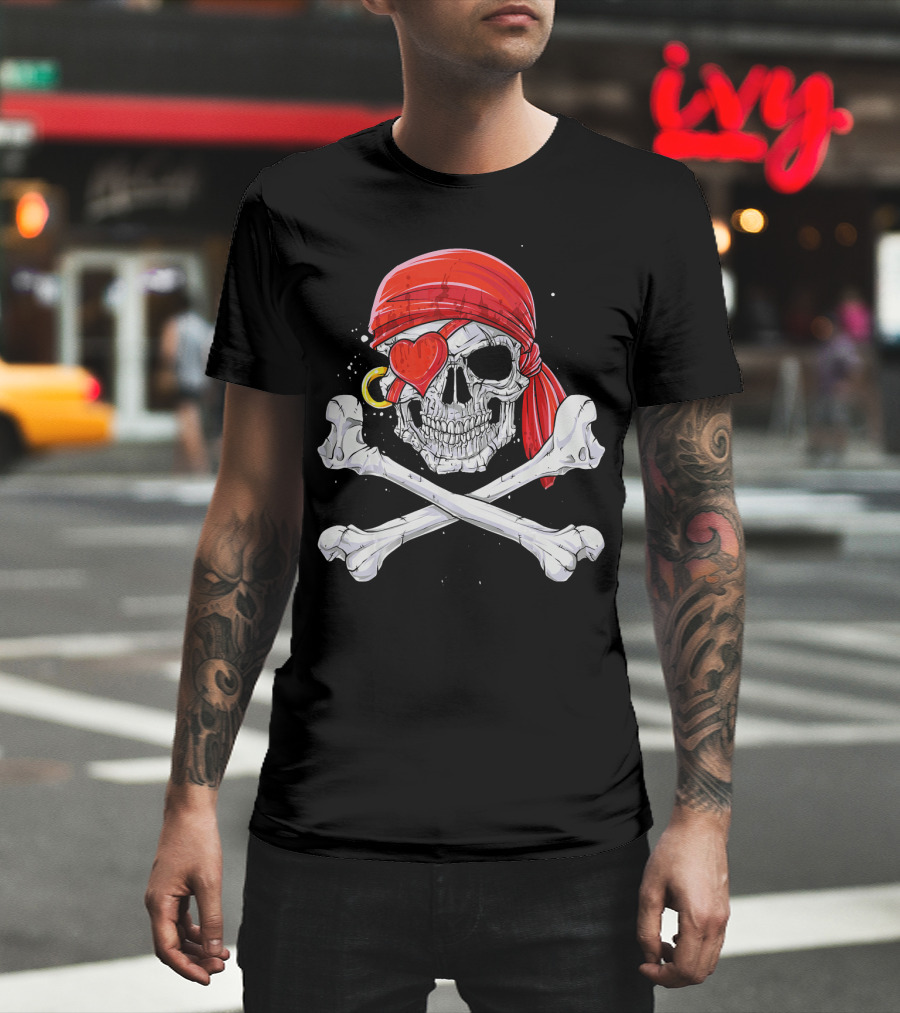 Valentines Day Pirate Skull With Red Bandana And Heart Eye Patch For Him T-Shirt
