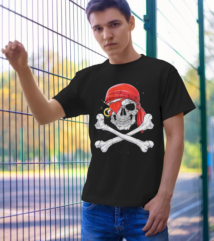 Valentines Day Pirate Skull With Red Bandana And Heart Eye Patch For Him T-Shirt