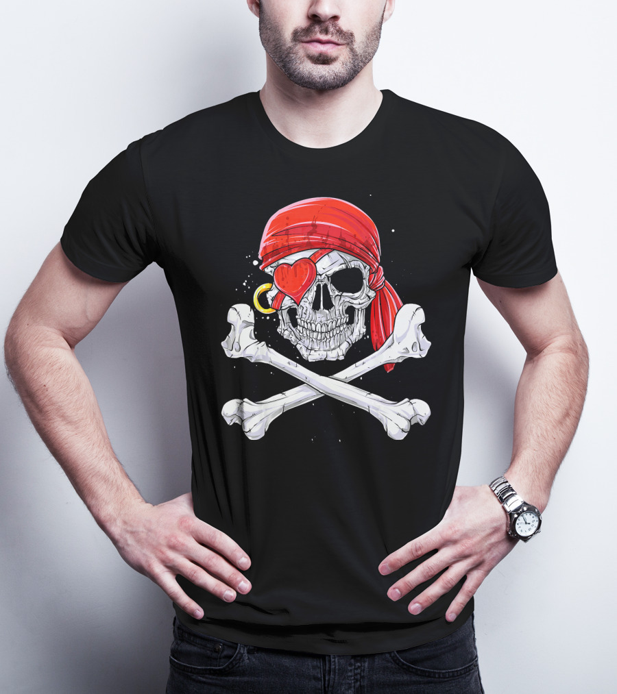 Valentines Day Pirate Skull With Red Bandana And Heart Eye Patch For Him T-Shirt