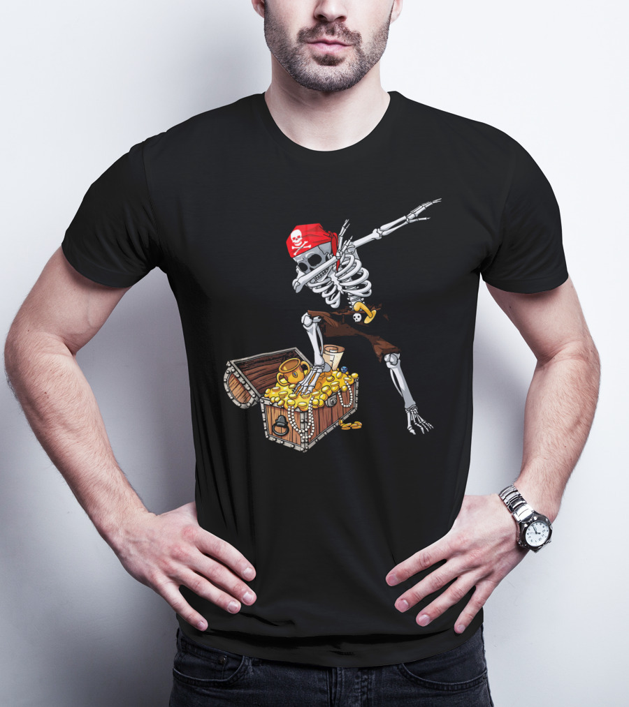Dabbing Pirate Skeleton With Treasure Chest And Red Skull Bandana T-Shirt