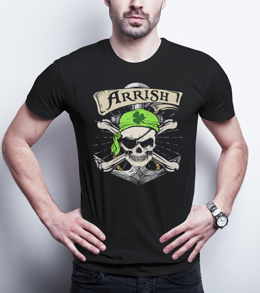 Arrish Irish Pirate Skull With Shamrock Bandana St Patricks T-Shirt