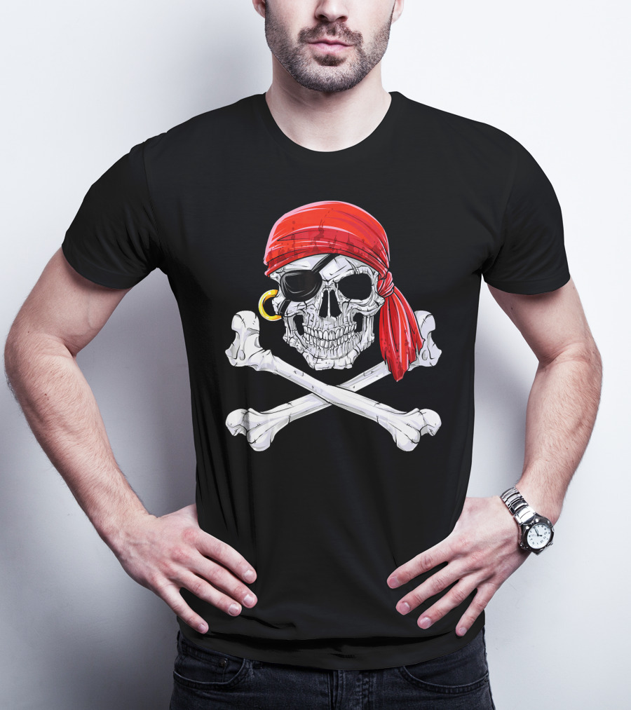Jolly Roger Flag Skull And Crossbones With Red Bandana And Eyepatch T-Shirt