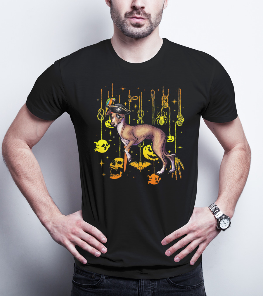 Italian Greyhound Pirate Dog With Halloween Ghosts And Skulls T-Shirt