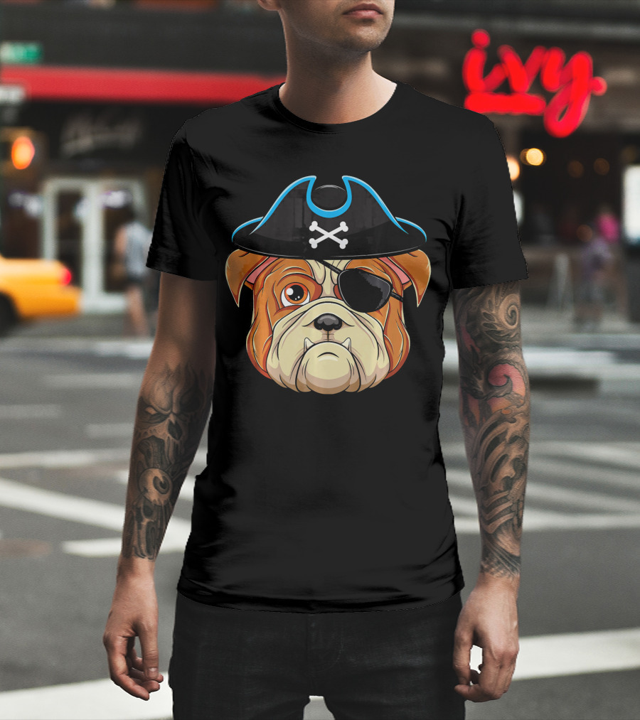 English Bulldog Pirate Hat Eye Patch Skull Crossbones T-Shirt