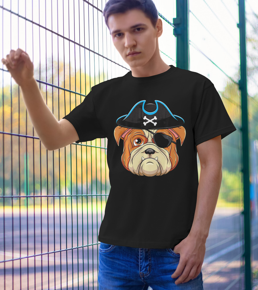 English Bulldog Pirate Hat Eye Patch Skull Crossbones T-Shirt
