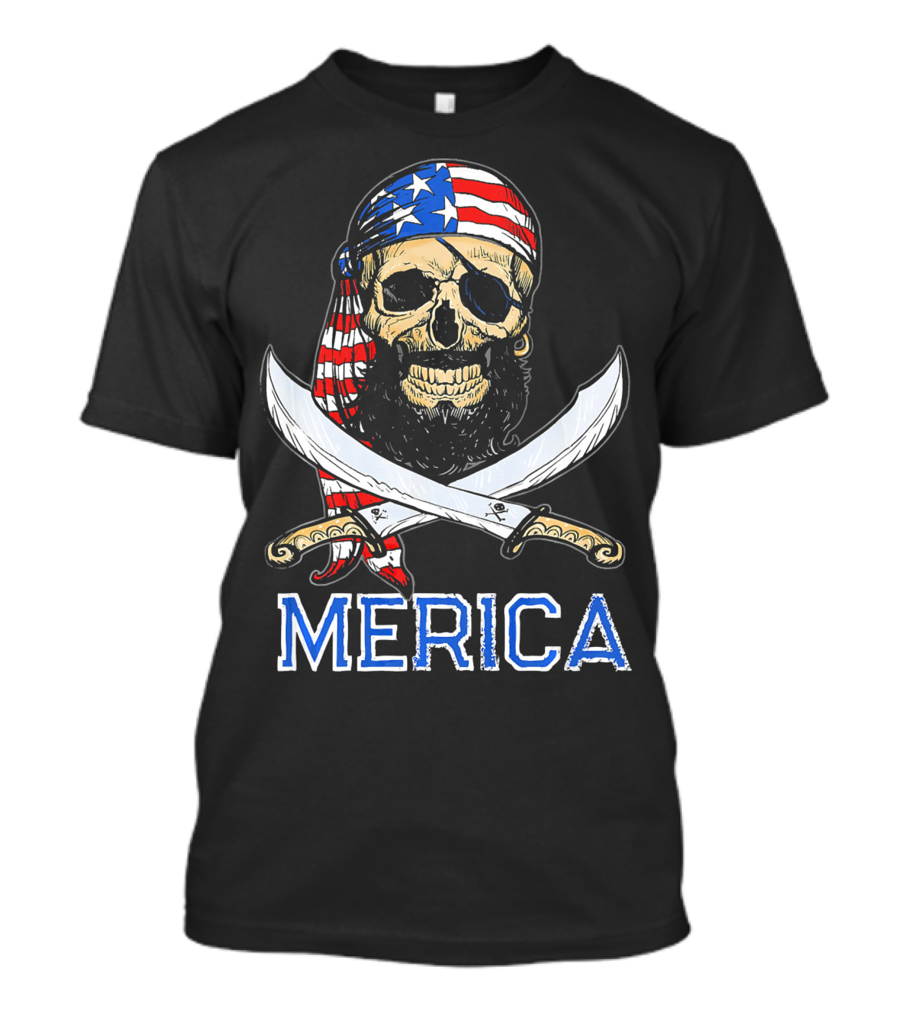 MERICA Bearded Pirate Skull With American Flag Bandana And Crossed Swords T-Shirt