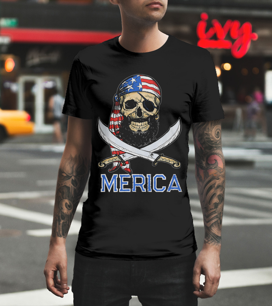 MERICA Bearded Pirate Skull With American Flag Bandana And Crossed Swords T-Shirt