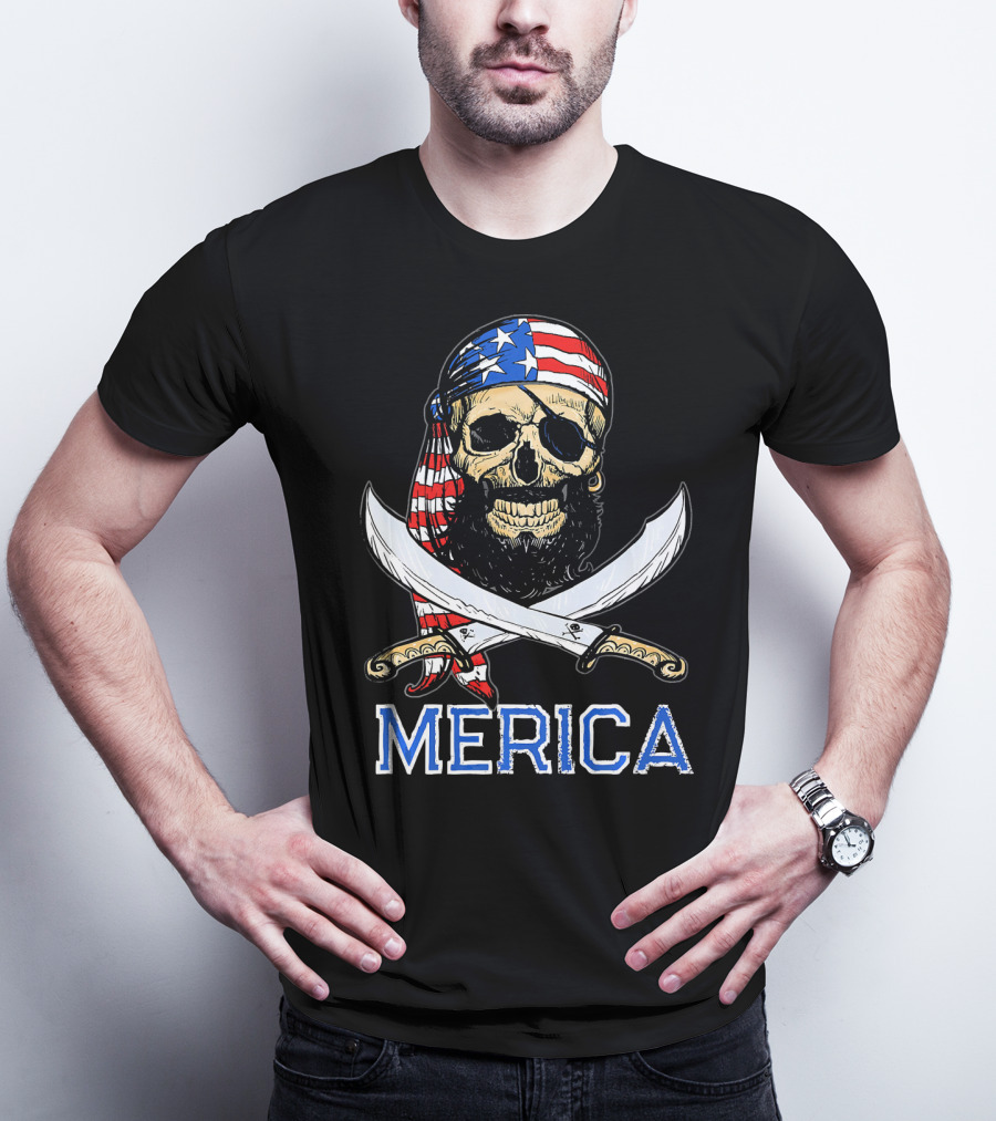 MERICA Bearded Pirate Skull With American Flag Bandana And Crossed Swords T-Shirt
