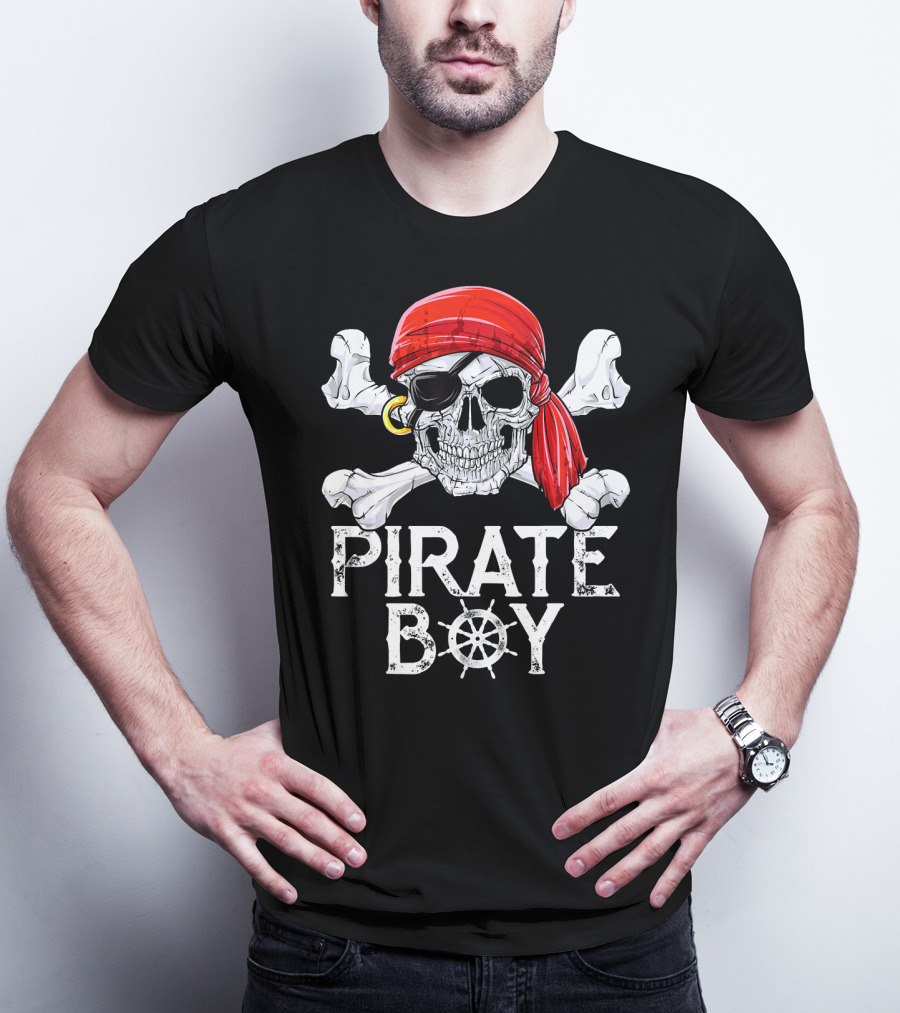 Pirate Boy Jolly Roger Skull With Red Bandana And Crossbones T-Shirt