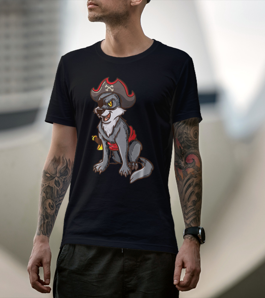 Pirate Wolf Halloween Party Costume With Sword And Hat T-Shirt