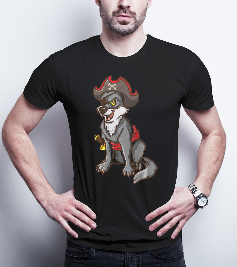 Pirate Wolf Halloween Party Costume With Sword And Hat T-Shirt
