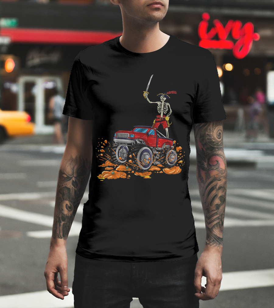 Halloween Skeleton Pirate Riding Monster Truck Over Pumpkins T-Shirt