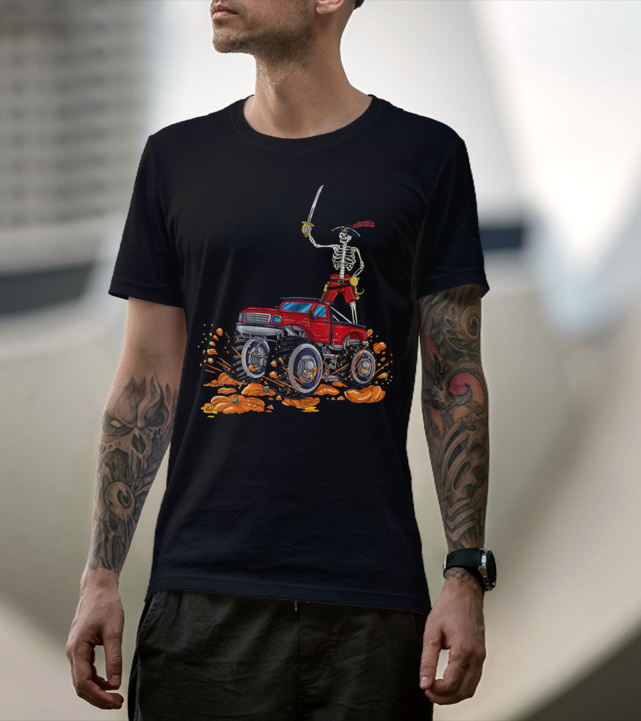 Halloween Skeleton Pirate Riding Monster Truck Over Pumpkins T-Shirt