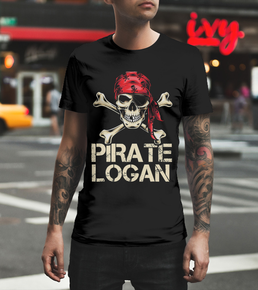 PIRATE LOGAN Skull And Crossbones Red Bandana Birthday T-Shirt