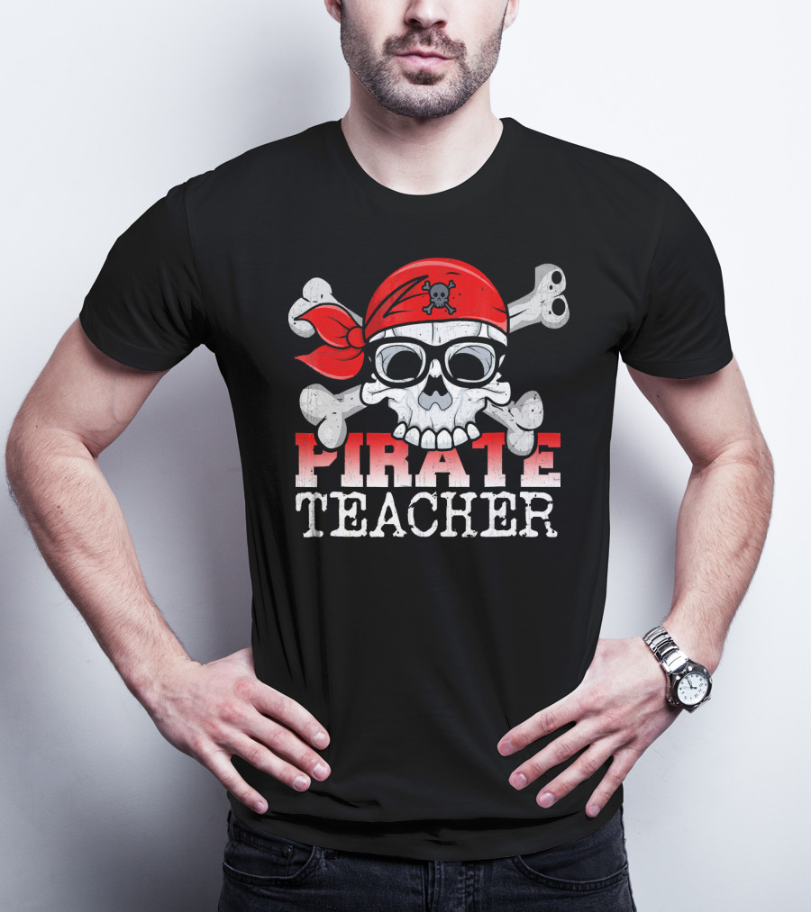 Pirate Skull With Bandana And Glasses Funny Teacher T-Shirt