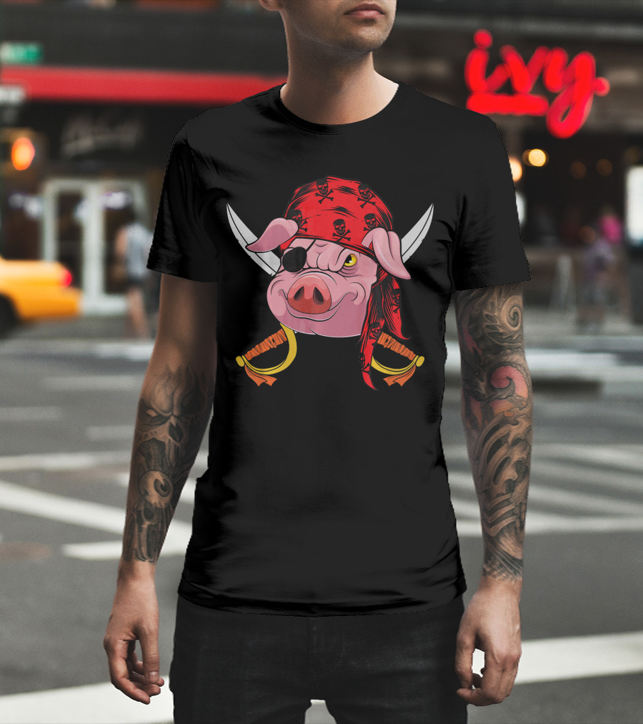 Pirate Pig With Eye Patch And Swords Halloween Costume T-Shirt