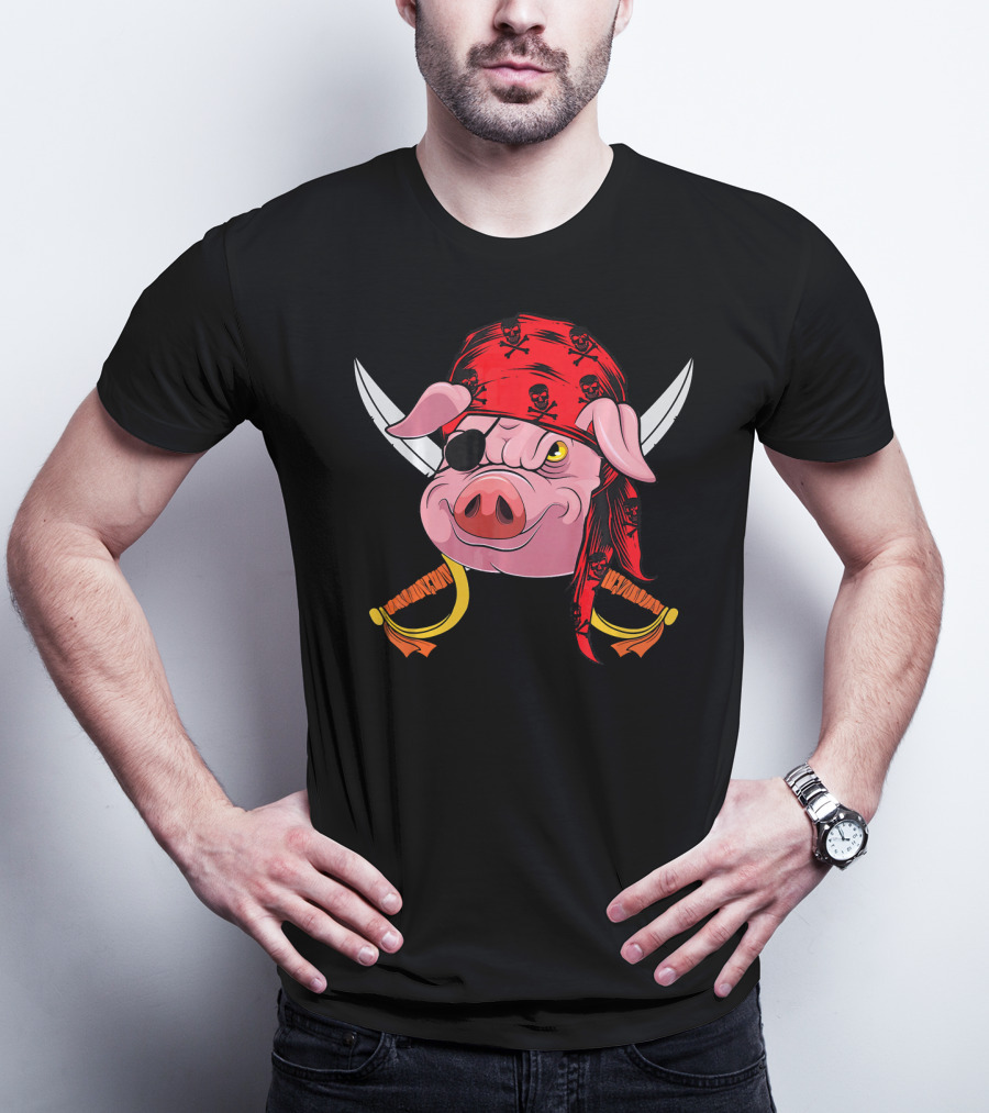 Pirate Pig With Eye Patch And Swords Halloween Costume T-Shirt