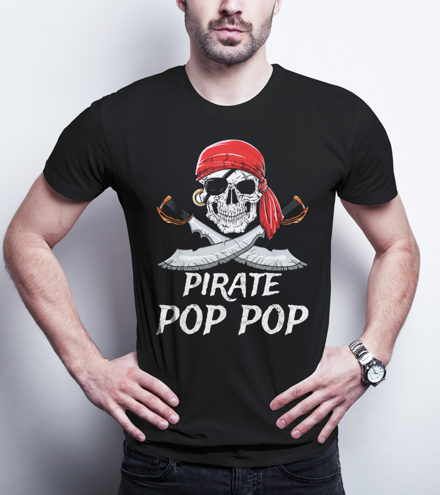 Pirate Pop Pop Skull With Red Bandana And Crossed Swords T-Shirt