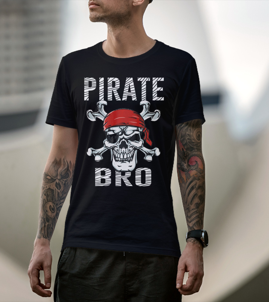Pirate Bro Skull With Crossbones And Red Bandana T-Shirt