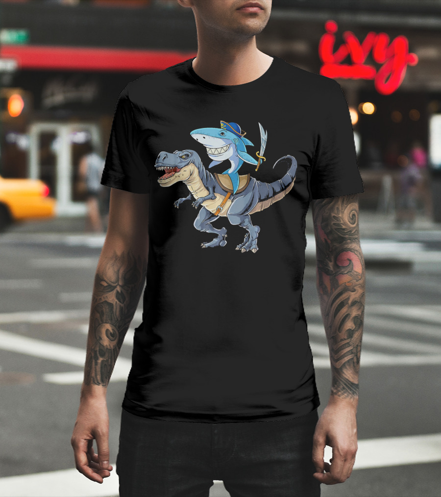 Shark Riding Dinosaur Rex Pirate With Sword T-Shirt