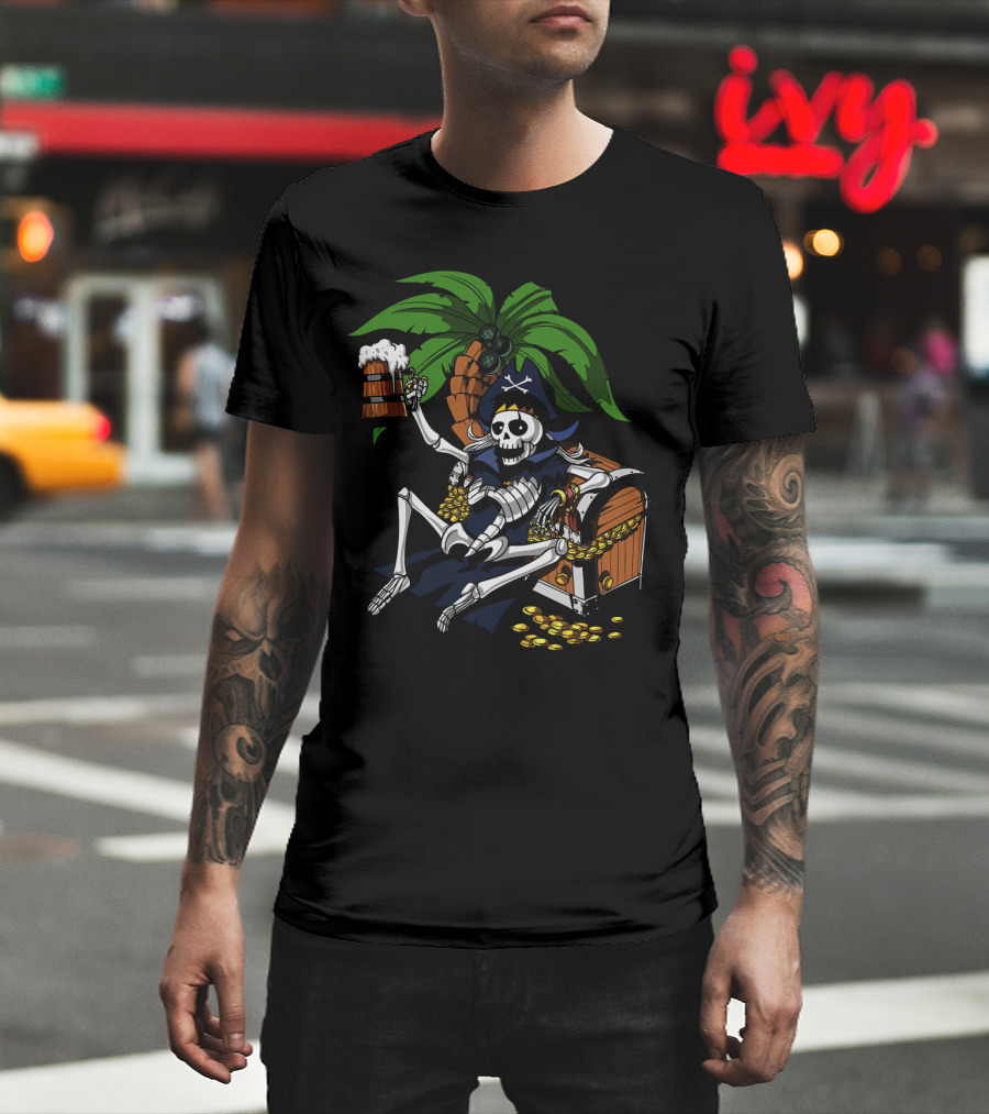 Skeleton Pirate Toasting With Treasure Chest Palm Tree Scene T-Shirt