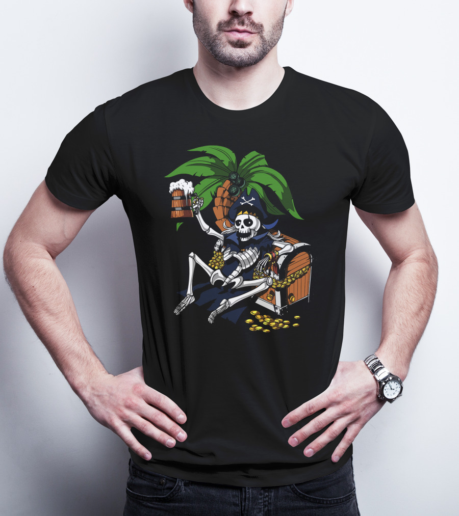 Skeleton Pirate Toasting With Treasure Chest Palm Tree Scene T-Shirt