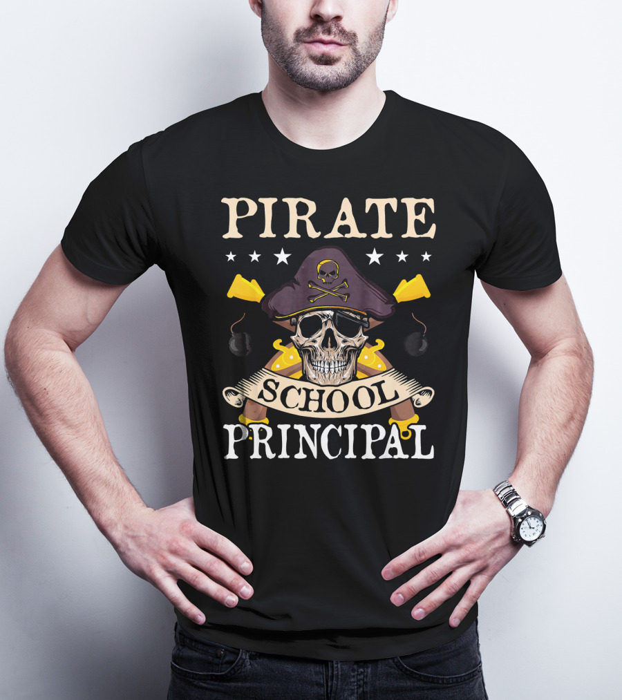 Pirate Skull Crossbones Hat School Principal Banner Swords Bombs T-Shirt