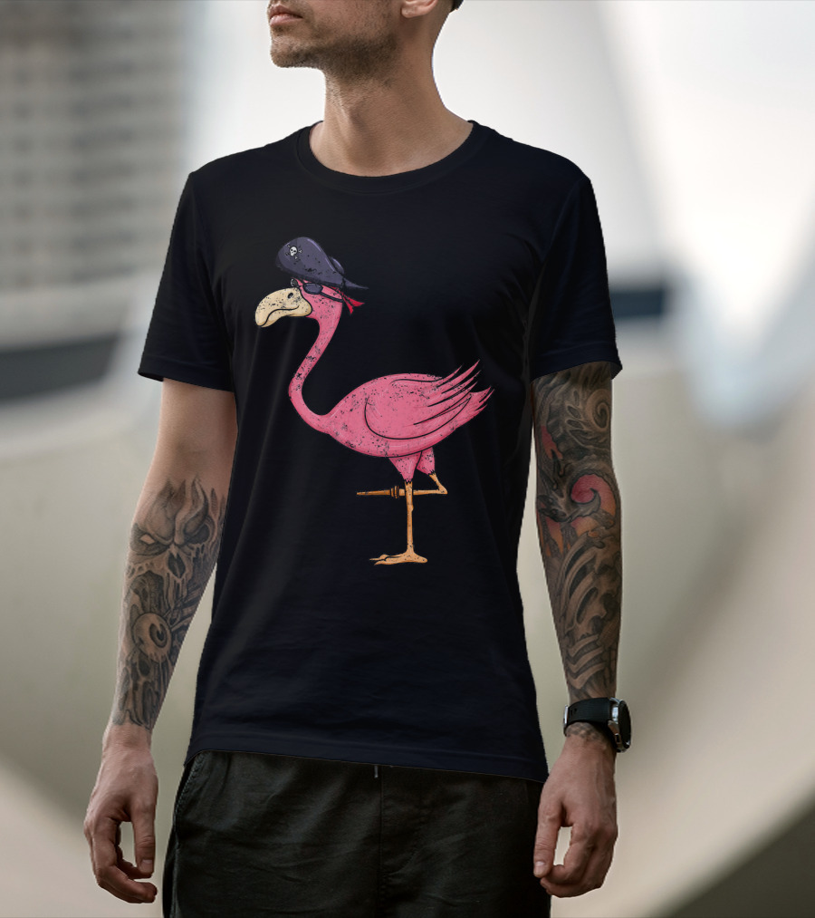 Vintage Pink Flamingo Pirate With Eyepatch And Skull Hat T-Shirt