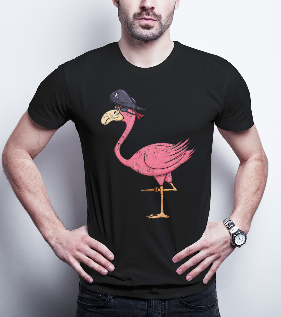 Vintage Pink Flamingo Pirate With Eyepatch And Skull Hat T-Shirt