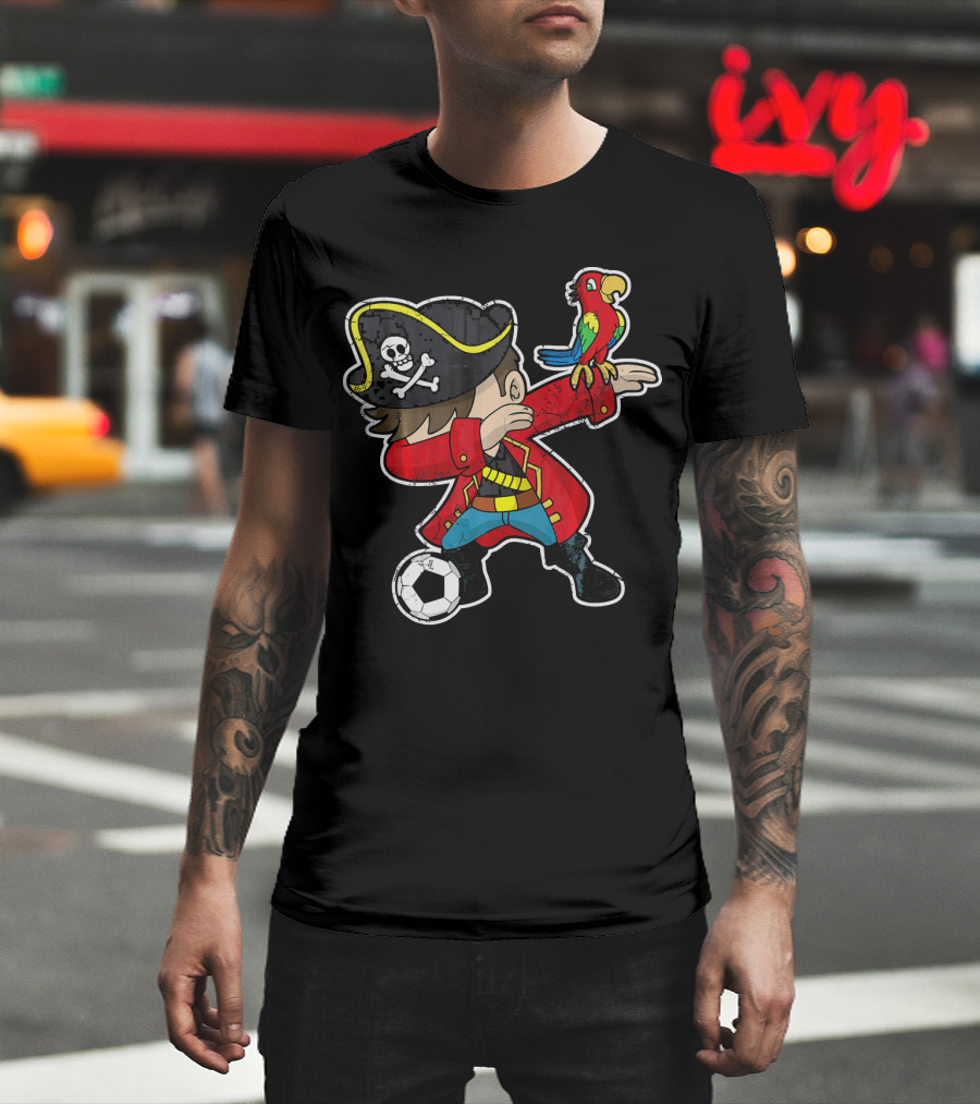 Dabbing Soccer Pirate With Parrot And Skull Hat T-Shirt