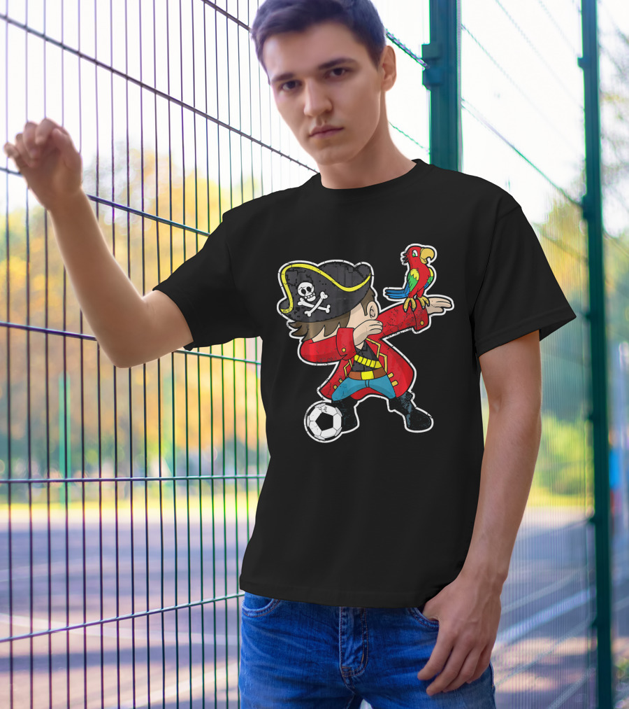 Dabbing Soccer Pirate With Parrot And Skull Hat T-Shirt