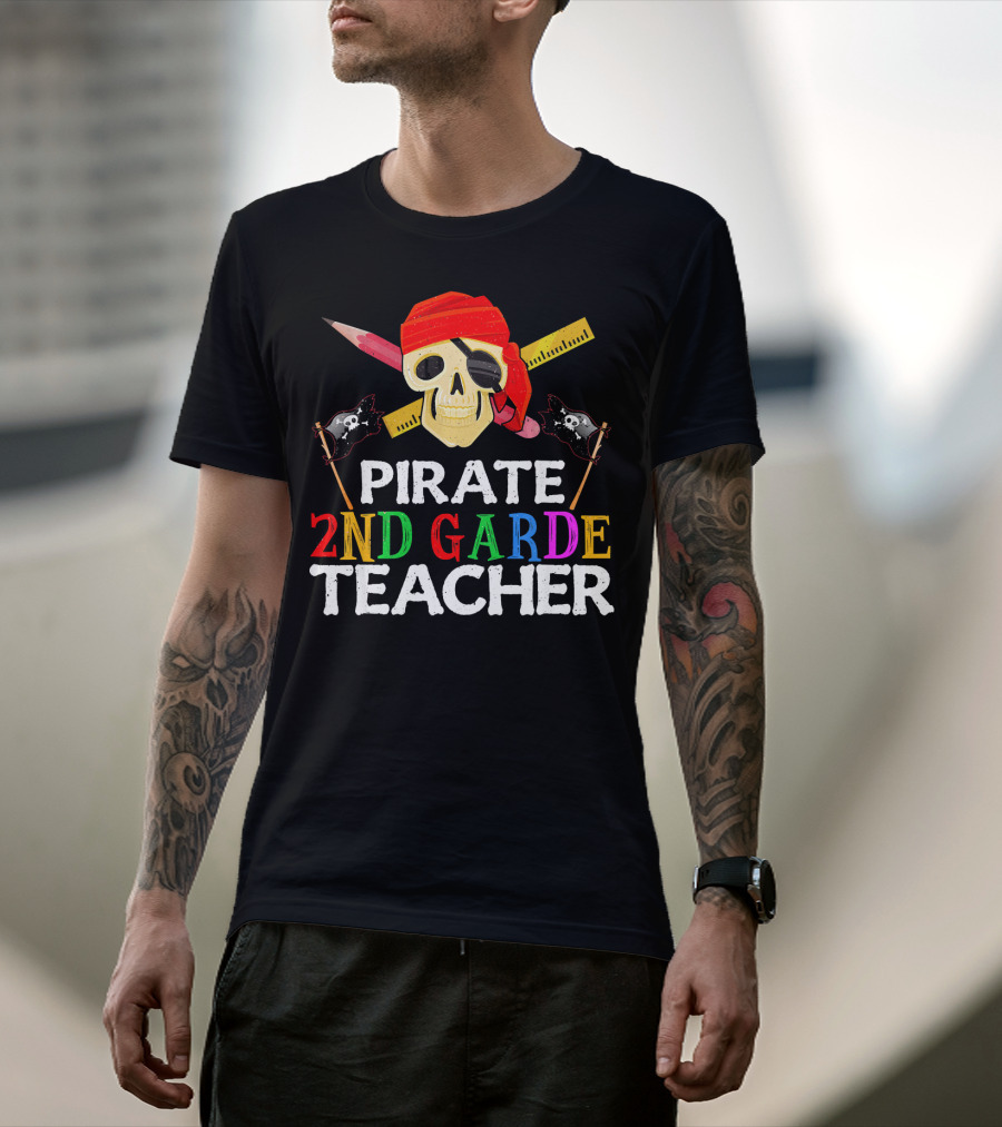 Pirate 2nd Grade Teacher Skull Ruler Swords Red Bandana T-Shirt