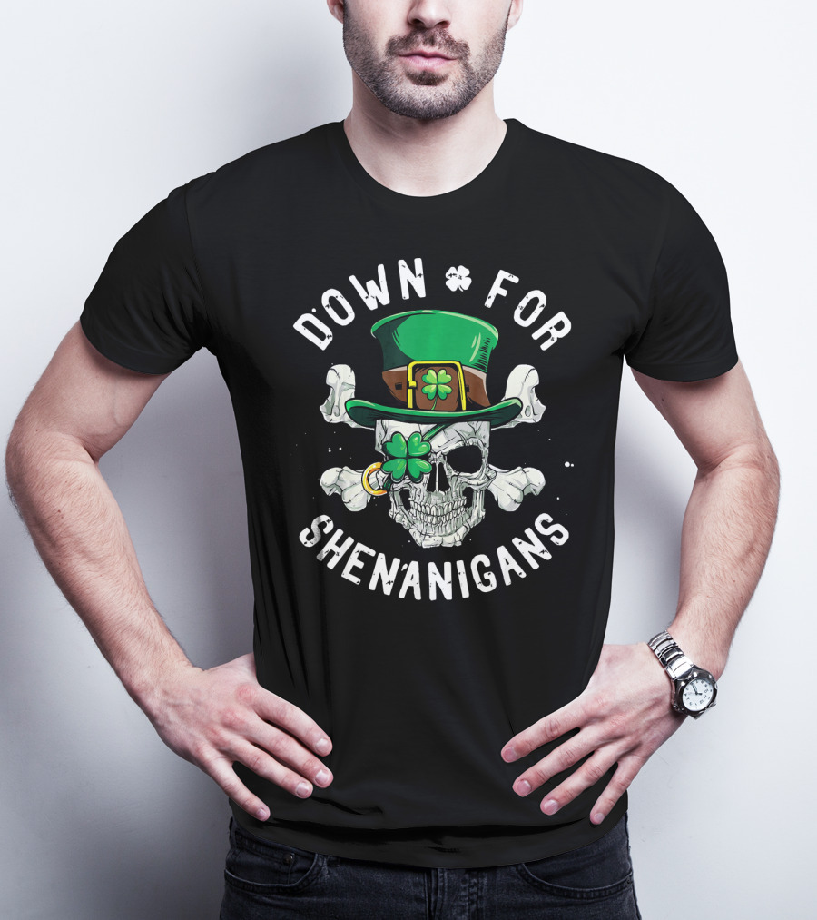 Down For Shenanigans Skull With Clover Hat St Patricks T-Shirt