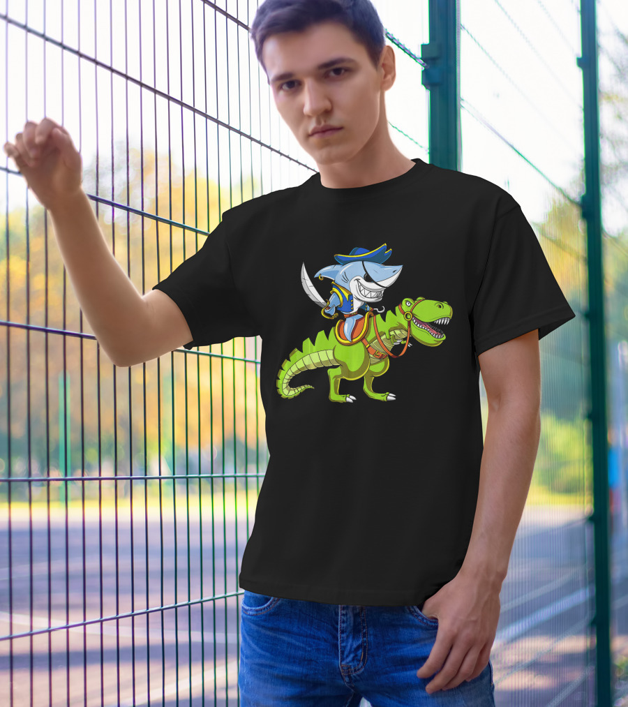 Shark Pirate On T-Rex Dinosaur T-Shirt