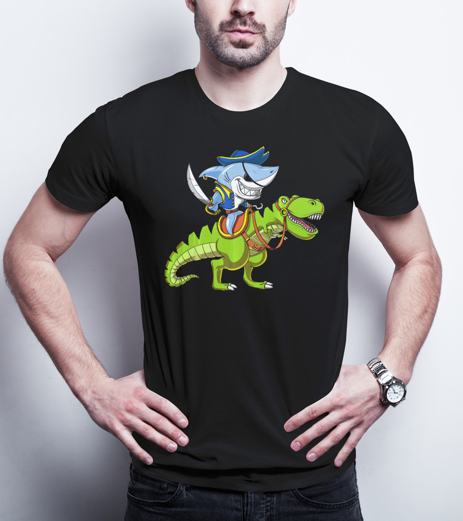 Shark Pirate On T-Rex Dinosaur T-Shirt