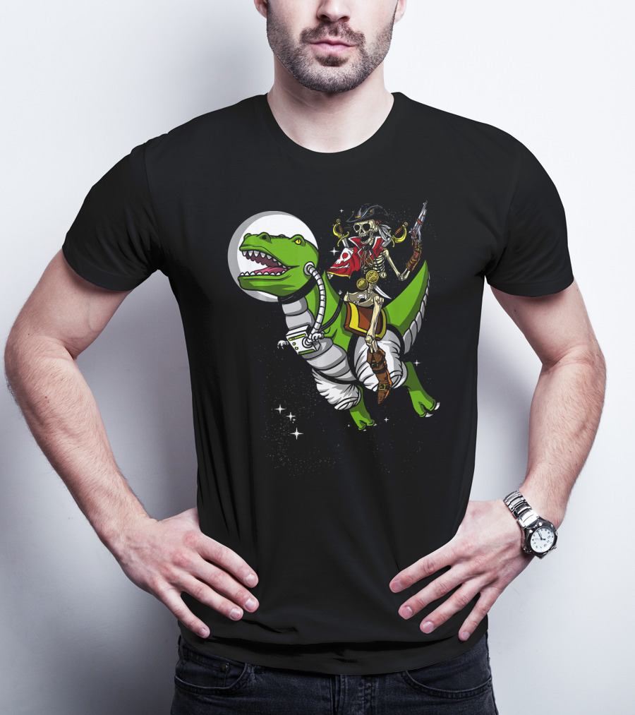 Skeleton Pirate Riding T-Rex Dinosaur With Spacesuit And Blaster T-Shirt