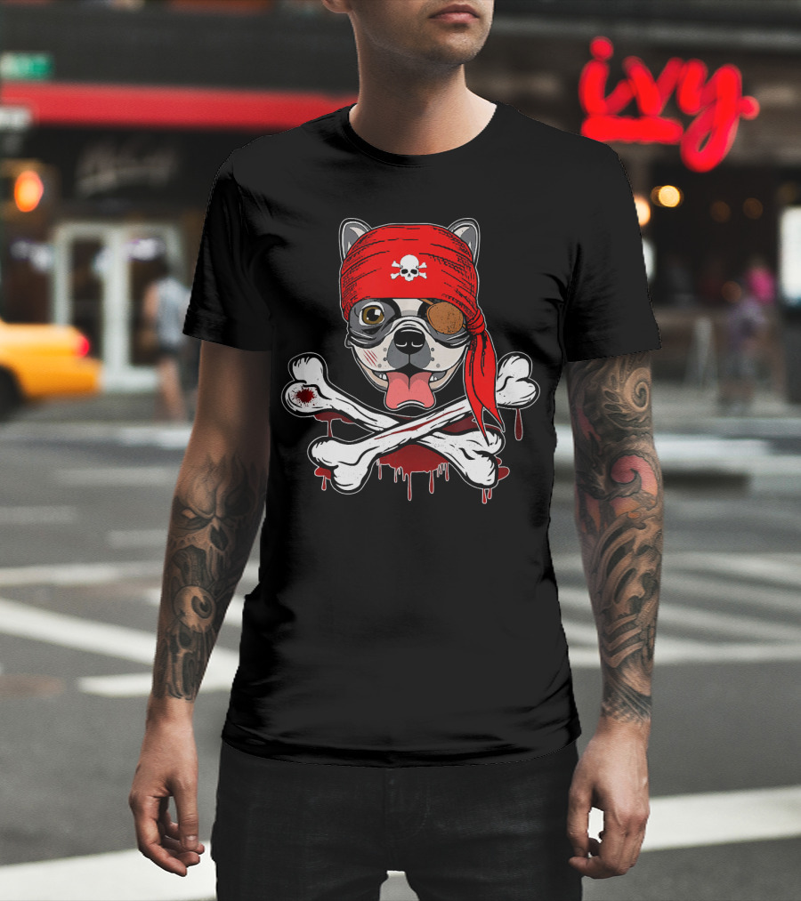 Funny Pirate French Bulldog With Skull Bandana And Crossbones T-Shirt