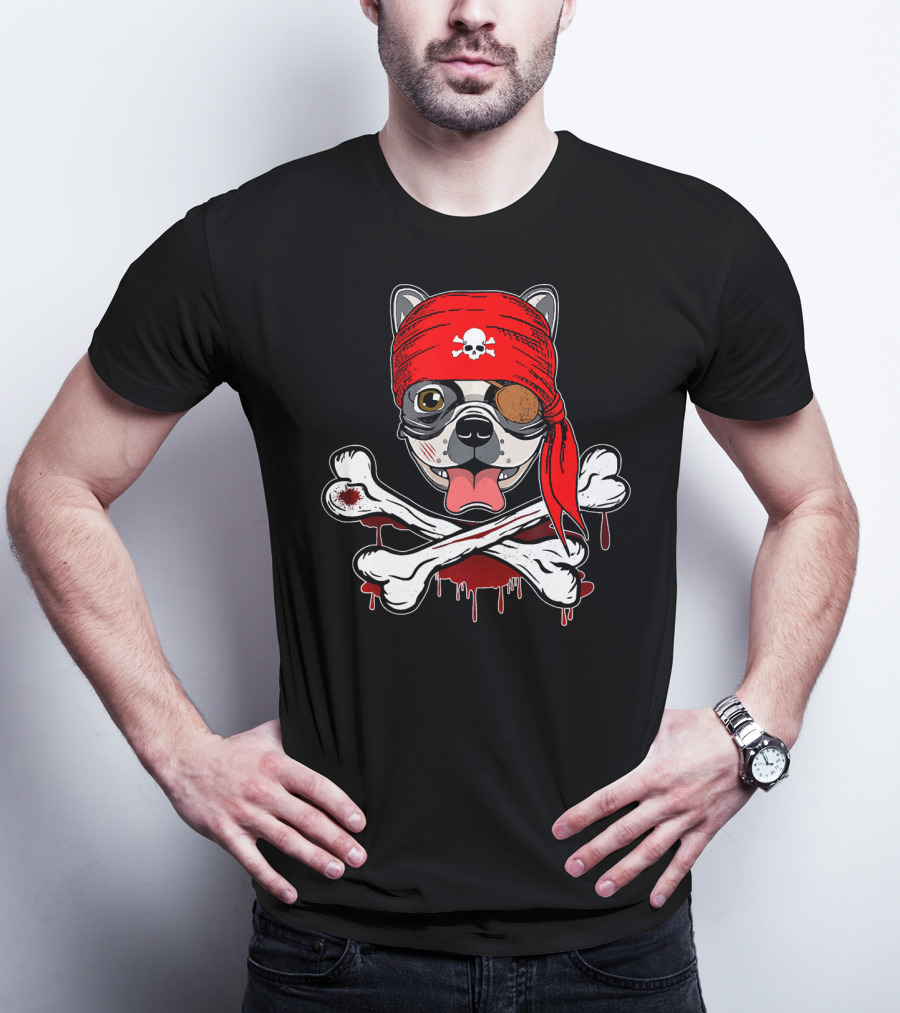 Funny Pirate French Bulldog With Skull Bandana And Crossbones T-Shirt