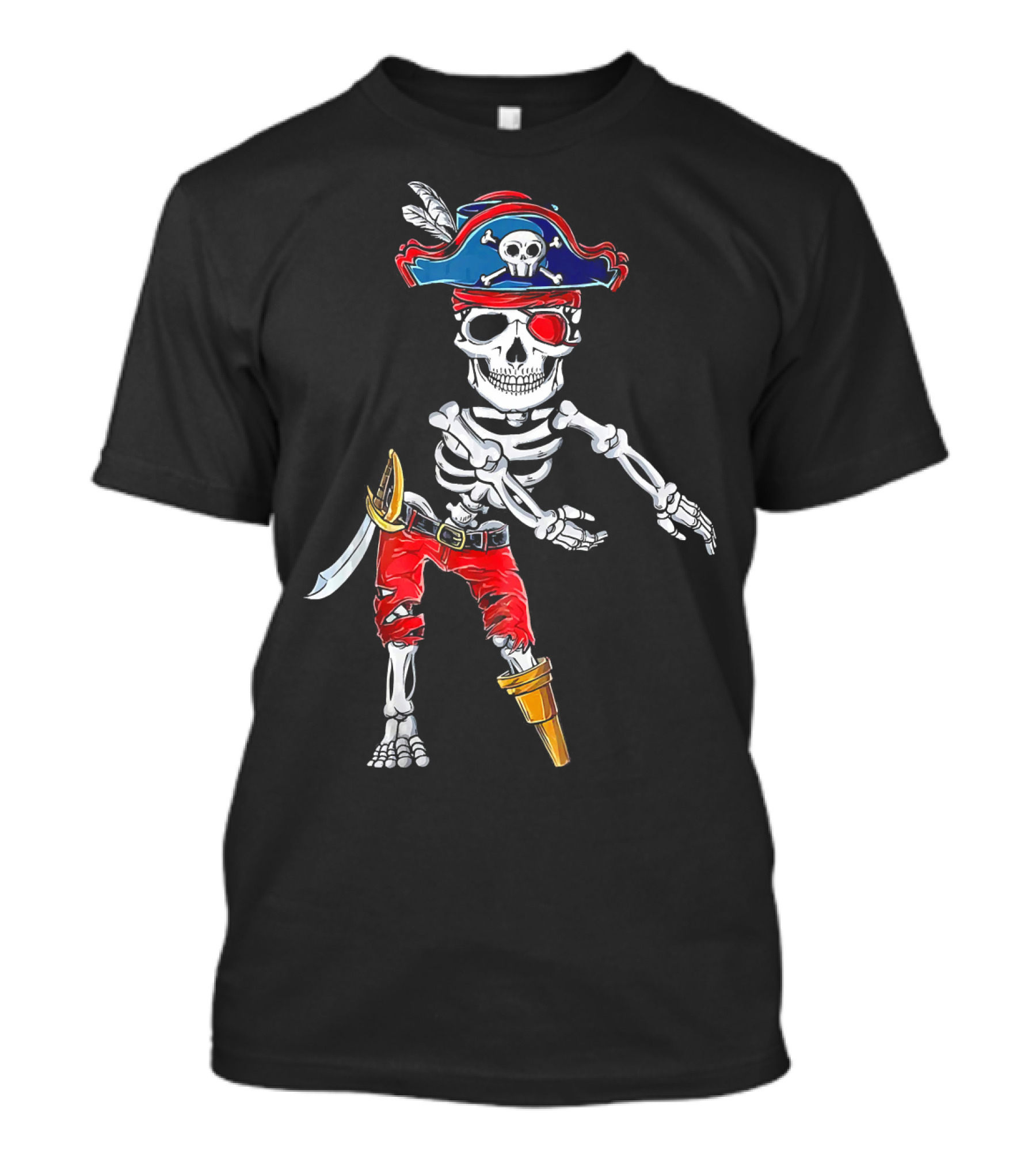 Pirate Skeleton Flossing Dance Red Pants Skull Hat Eyepatch Sword T-Shirt