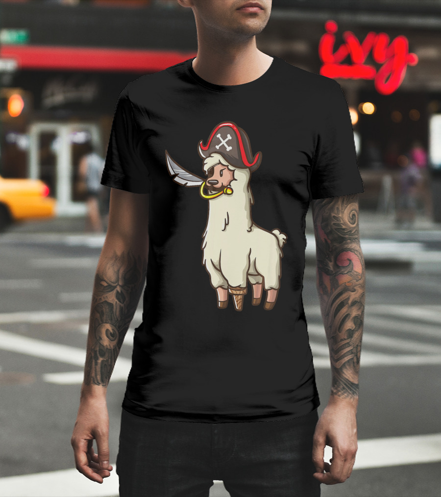 Pirate Llama With Hat And Sword Halloween Party T-Shirt