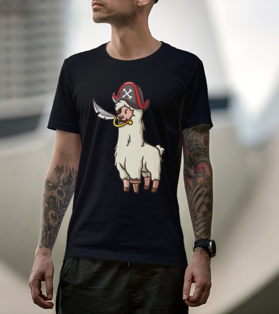 Pirate Llama With Hat And Sword Halloween Party T-Shirt